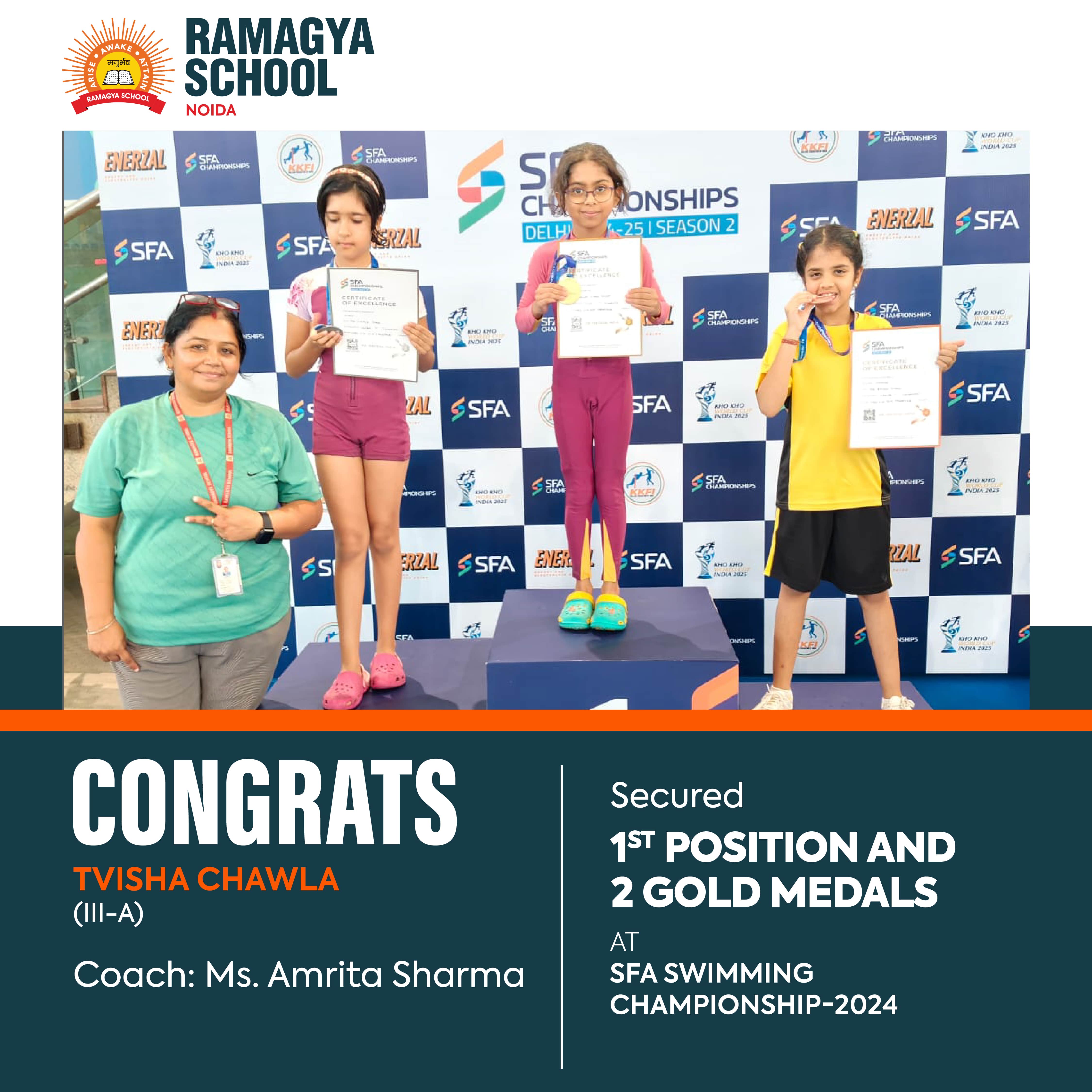 Tvisha Chawla secures 1 position and 2 gold medals at SFA Swimming Championship 2024 - Ramagya ...
